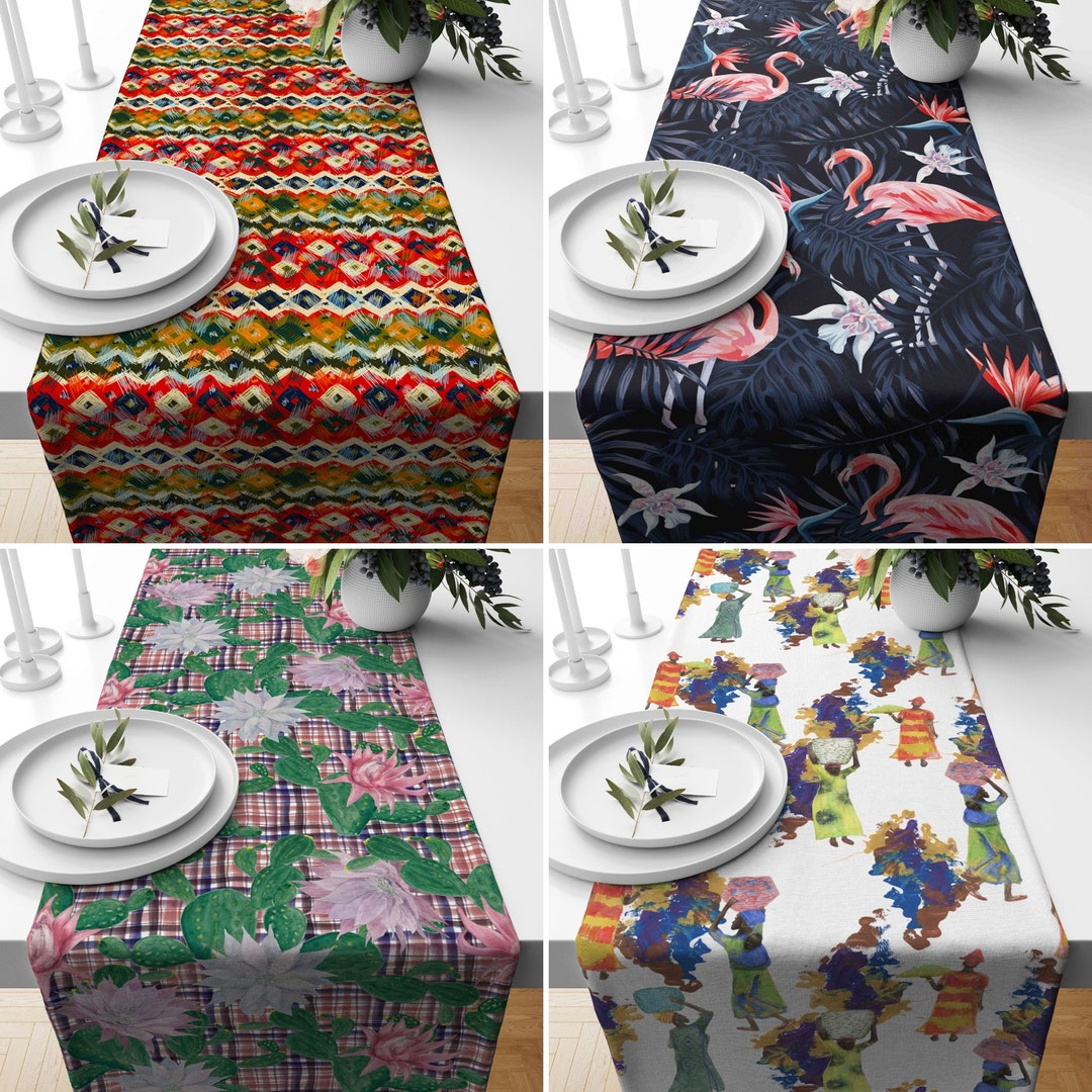 Watercolor Exotic Table Runner, Flamingo Print Table Cover, Vivid Color ...