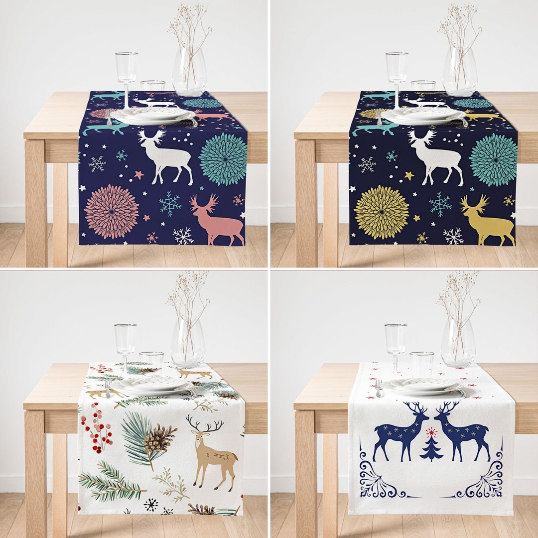 Reindeer and Snowflakes Theme Christmas Table Runner, Classic Xmas ...
