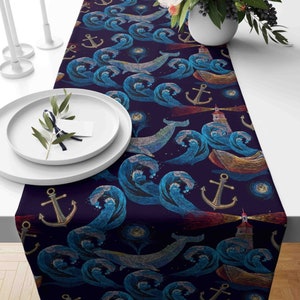 Nautical Table Runner, Navy Blue Table Decor, Anchor and Sailboat ...