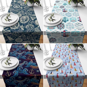 Nautical Table Runner, Navy Blue Table Decor, Anchor and Sailboat ...