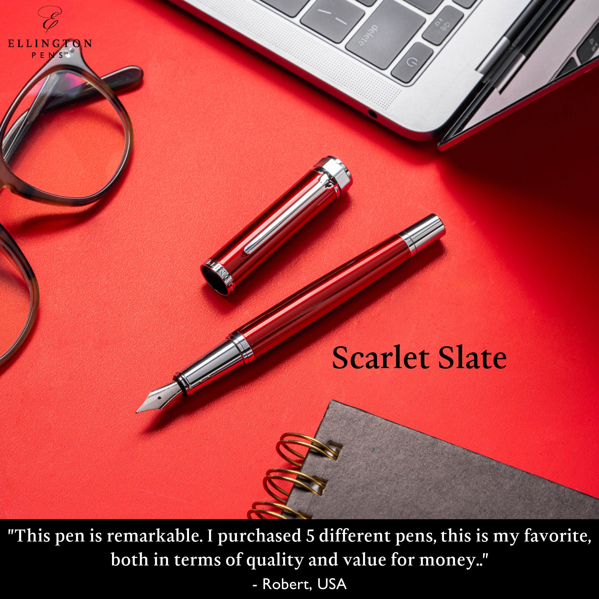 Ellington Pens Scarlet Slate Luxury Fountain Pen 3 Smooth Nib Size Options Gift Box With 3 Ink ...