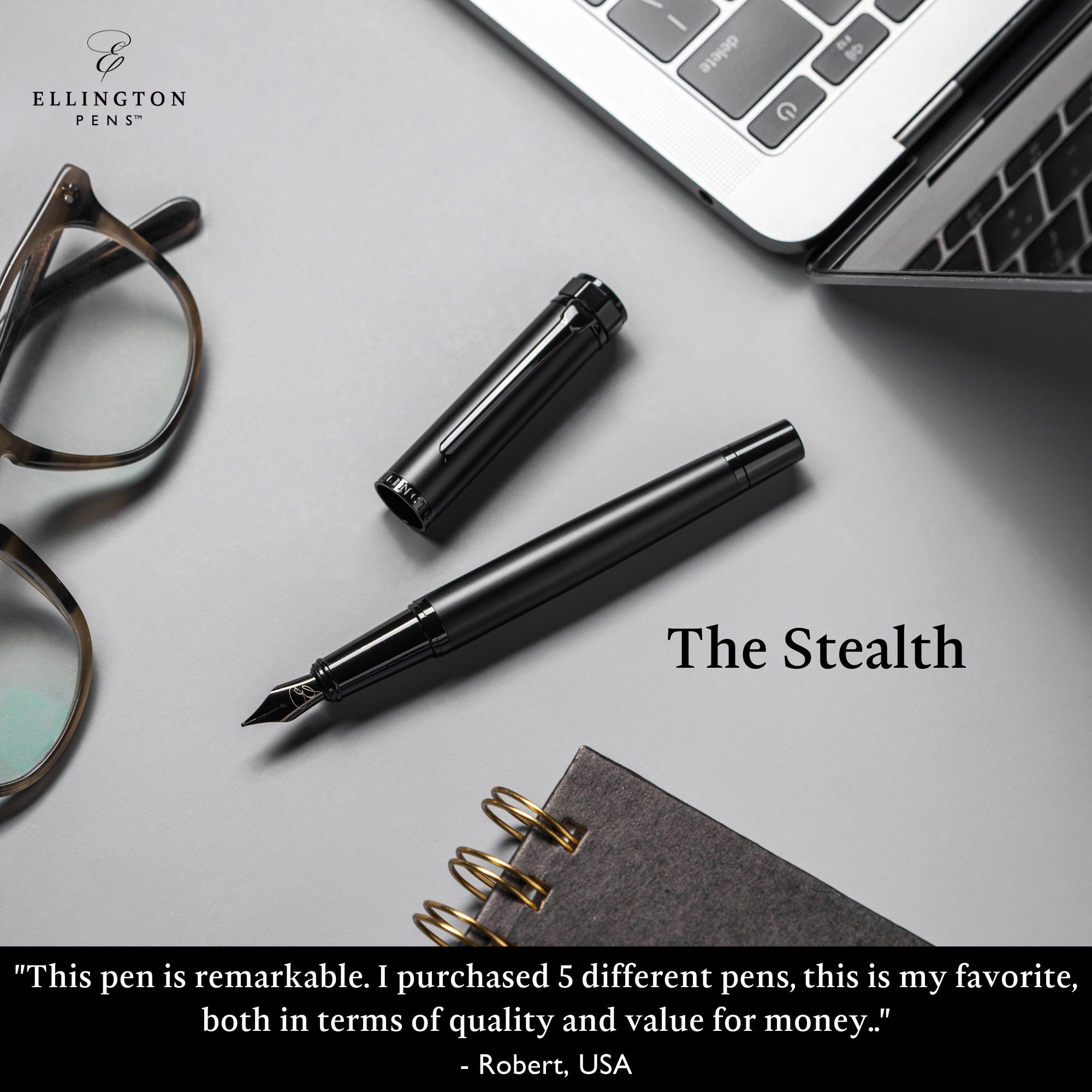 Ellington Pens Stealth Black Luxury Fountain Pen 3 Smooth Nib Size ...