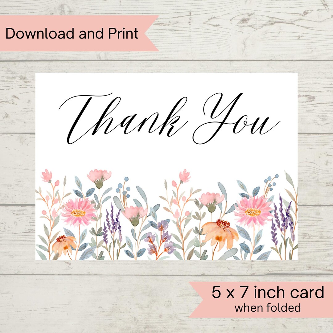 Printable Wildflowers Thank You Card, Thank You, Instant Download - Etsy