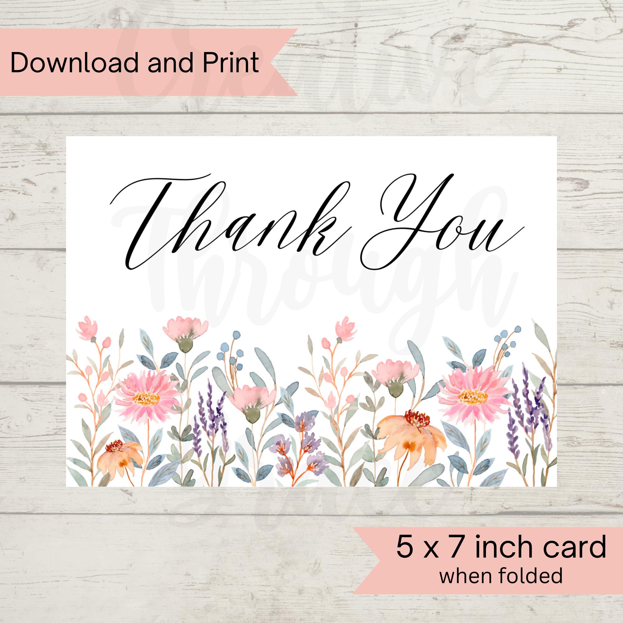 Printable Wildflowers Thank You Card, Thank You, Instant Download - Etsy