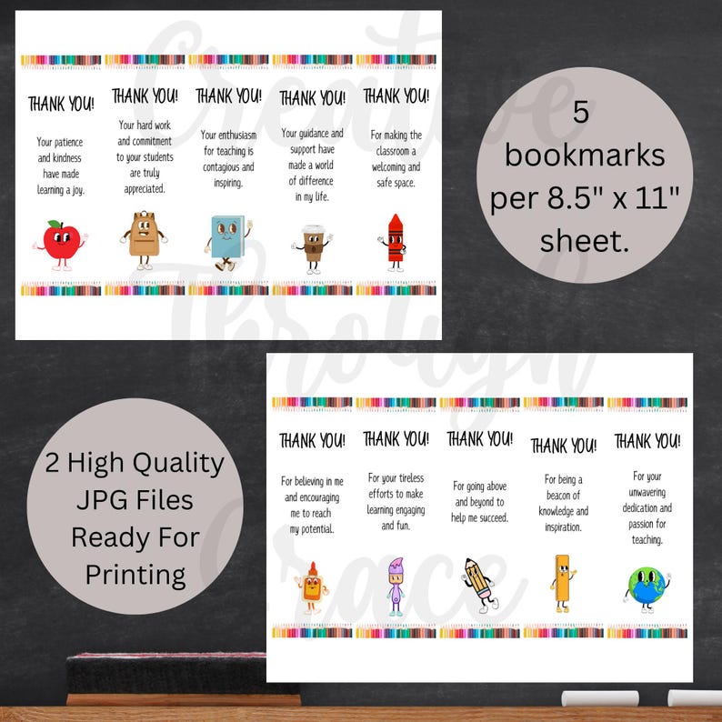 Teacher Thank You Bookmarks, Digital JPG Bookmark Set, Teacher Gift ...