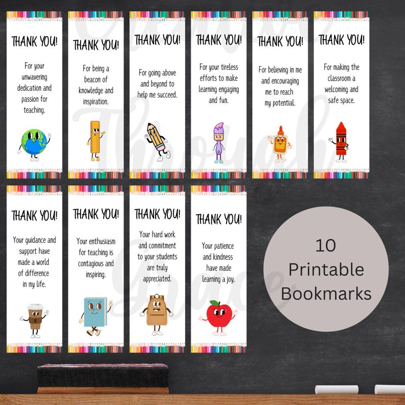 Teacher Thank You Bookmarks, Digital JPG Bookmark Set, Teacher Gift ...
