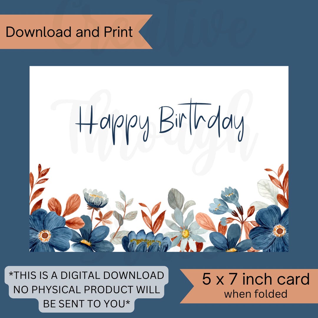 Blue Floral Birthday Card, Printable 5x7 Greeting (digital Download) - Etsy