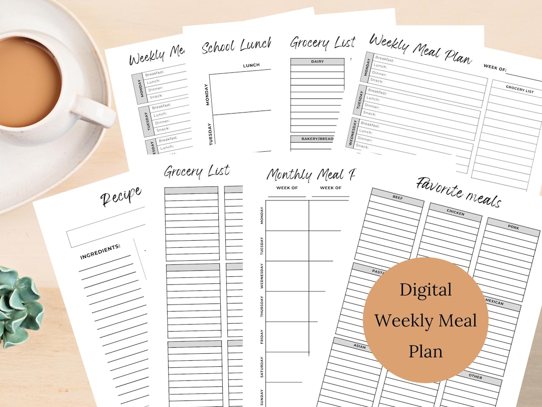Weekly Meal Planner, Grocery List, School Lunch (digital Download) - Etsy