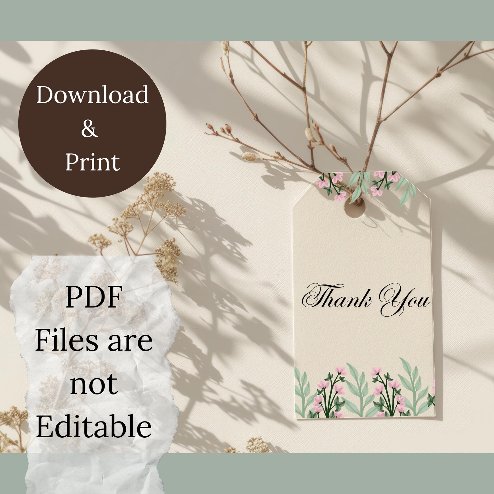 20 Floral Thank You Gift Tags, Digital Download, Print at Home ...
