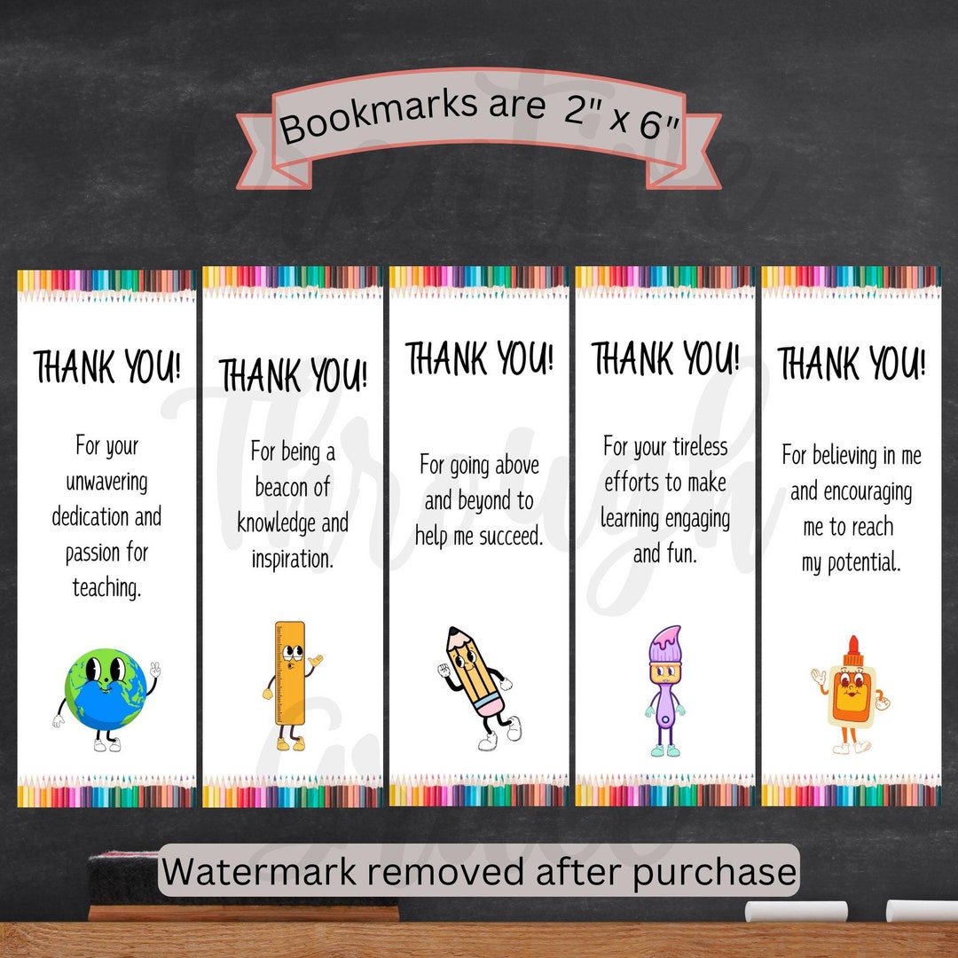Teacher Thank You Bookmarks, Printable Book Lover Gift (PDF) - Etsy