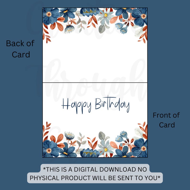 Printable Blue Floral Digital Birthday Card, Instant Download, Print ...