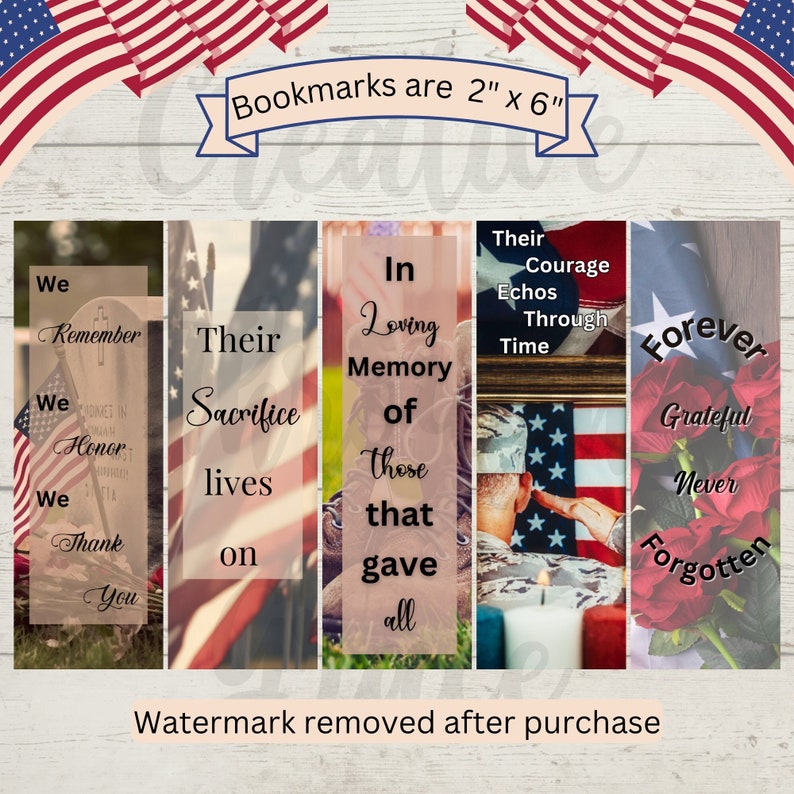 5 Memorial Day Printable Bookmark, Digital Download Bookmark Sheet ...