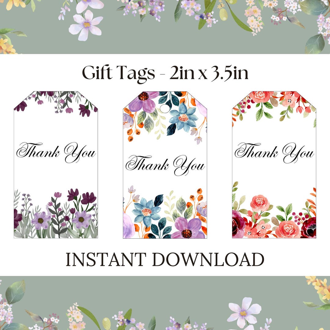 20 Floral Thank You Gift Tags, Digital Download, Print at Home ...