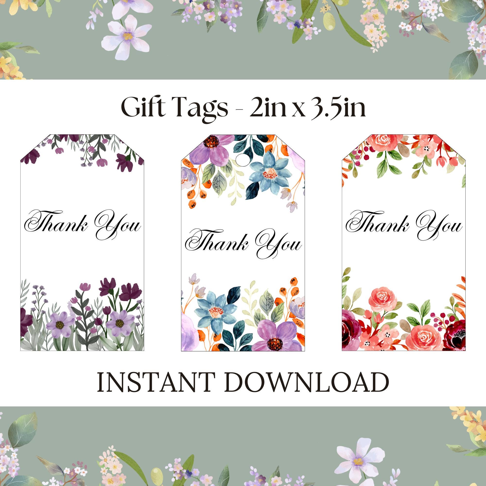 20 Floral Thank You Gift Tags, Digital Download, Print at Home ...