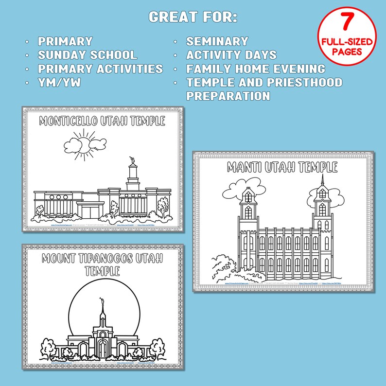 Set #2 LDS Utah Temples, WITH Borders, 7 Coloring Pages, Full-page Hand ...