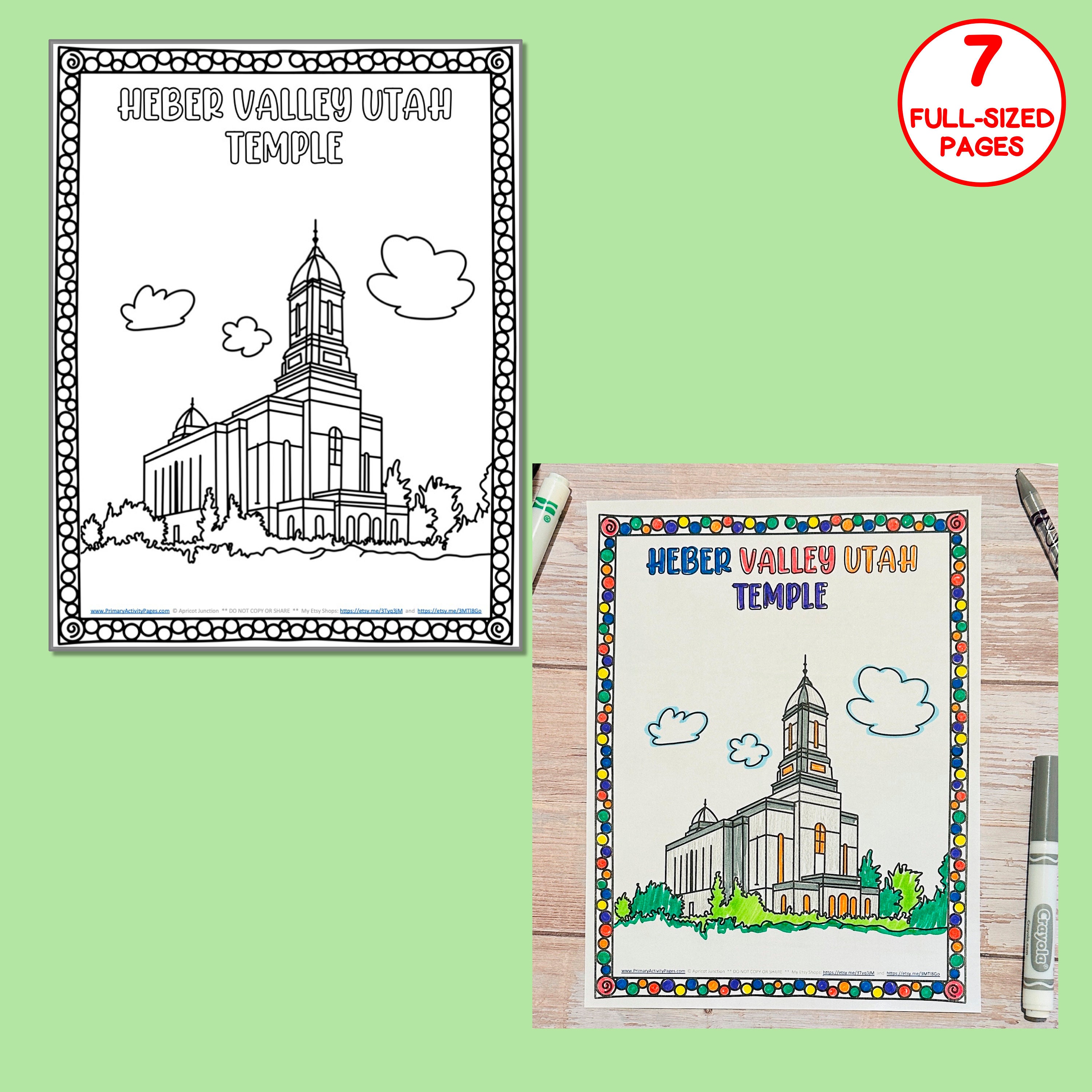 Set #1 LDS Utah Temples, WITH Borders, 7 Coloring Pages, Full-page Hand ...