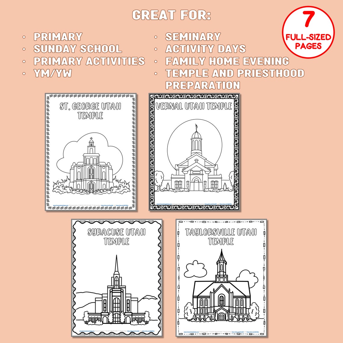 Set #4 LDS Utah Temples, WITH Borders, 7 Coloring Pages, Full-page Hand ...