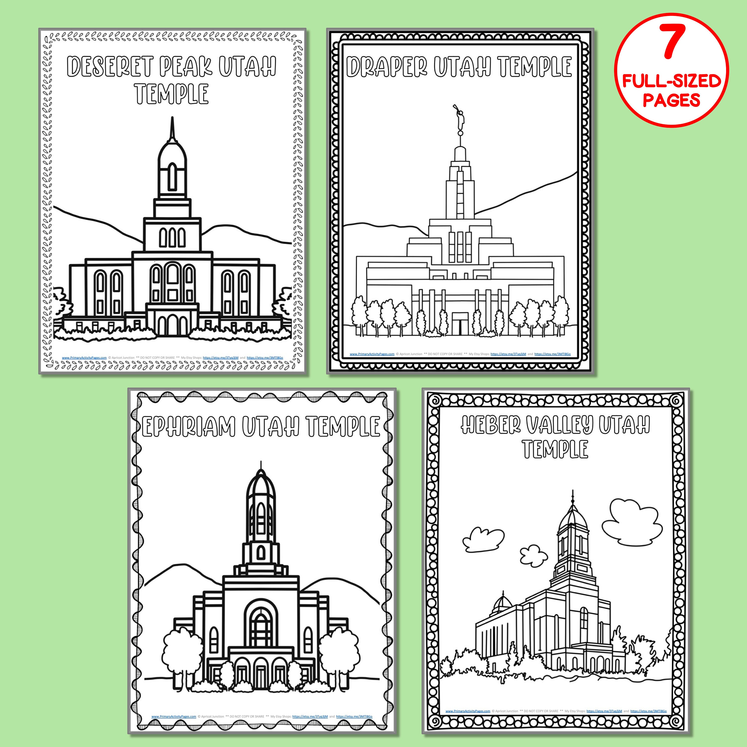 Set #1 LDS Utah Temples, WITH Borders, 7 Coloring Pages, Full-page Hand ...