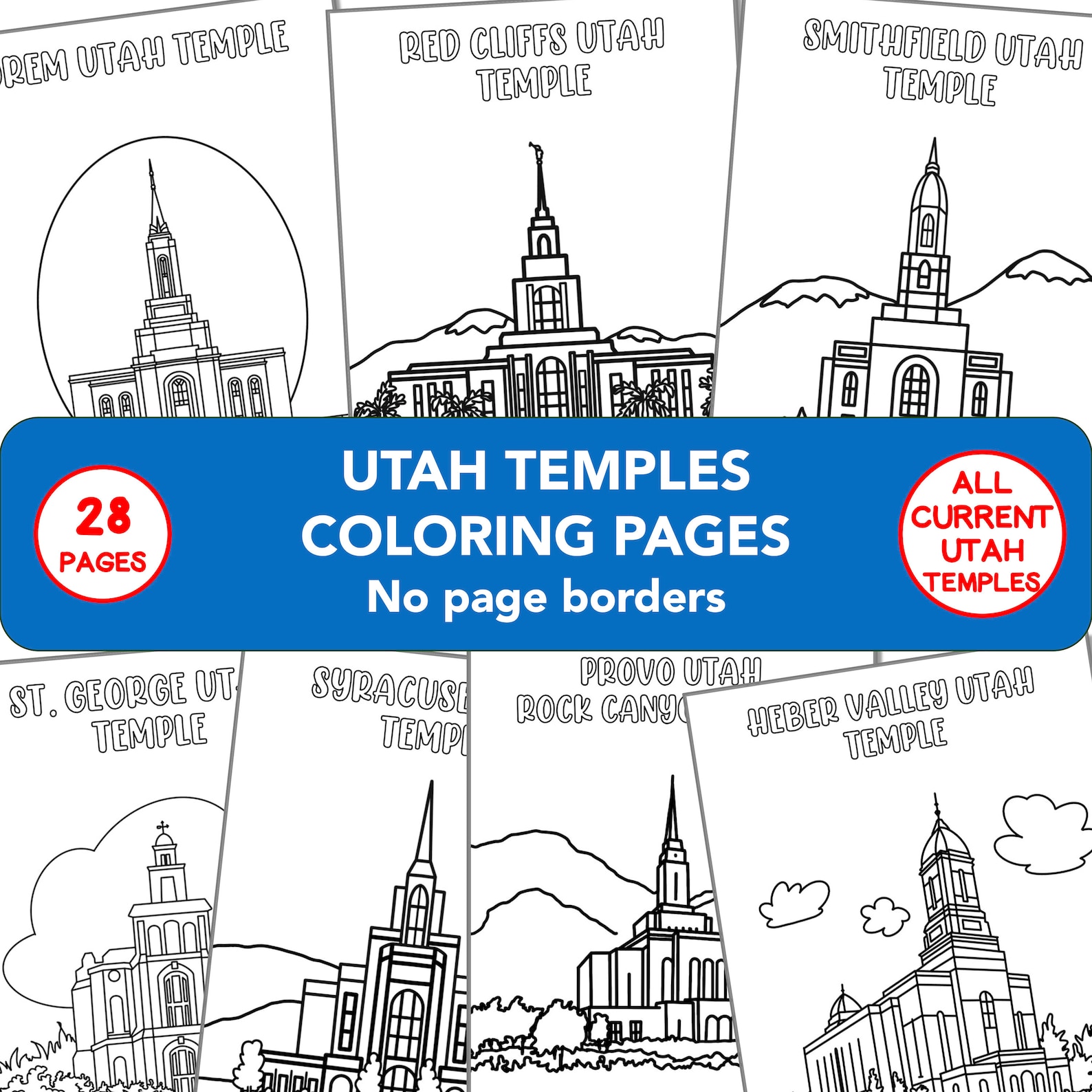 LDS All Utah Temples BUNDLE, No Borders, Coloring Pages, Full-page Hand ...