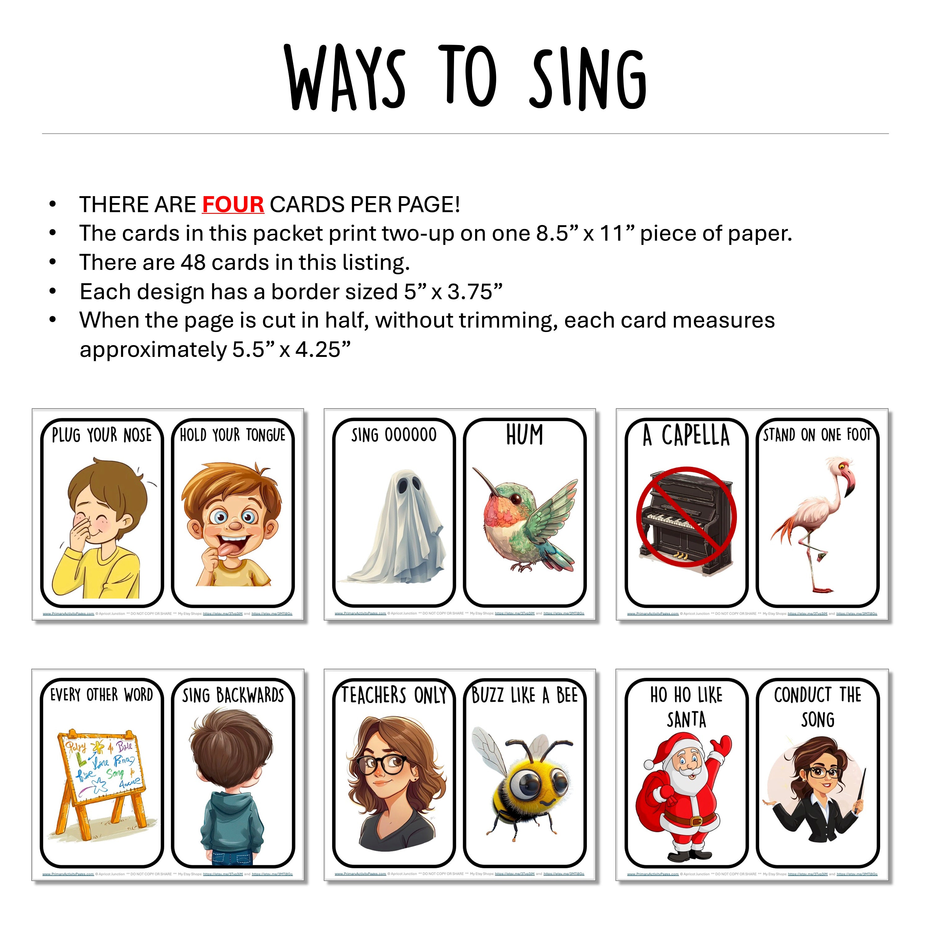 LDS Fun "ways to Sing" Primary Singing Time 4 Cards per Page, Printable ...