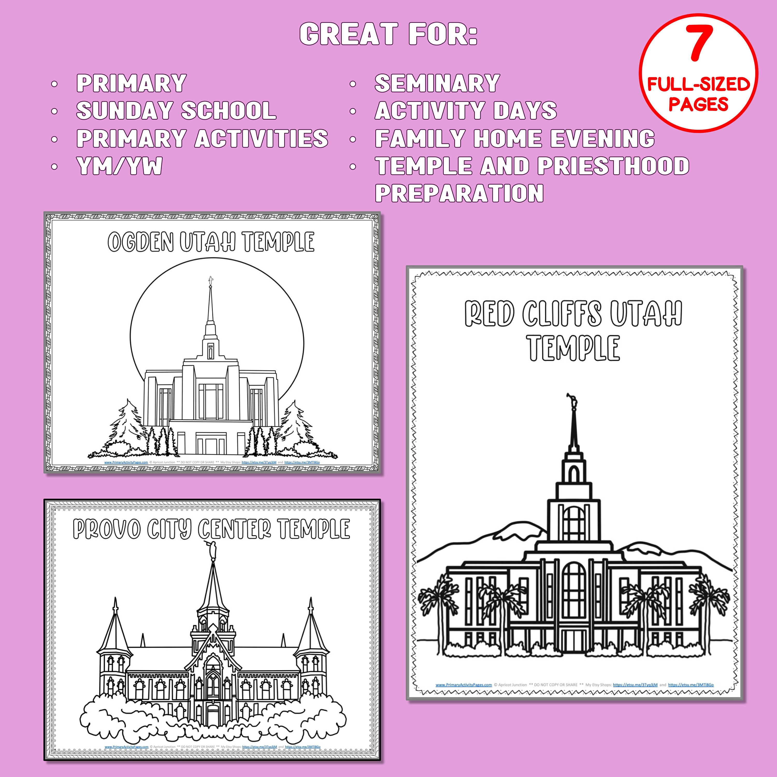 Set #3 LDS Utah Temples, WITH Borders, 7 Coloring Pages, Full-page Hand ...