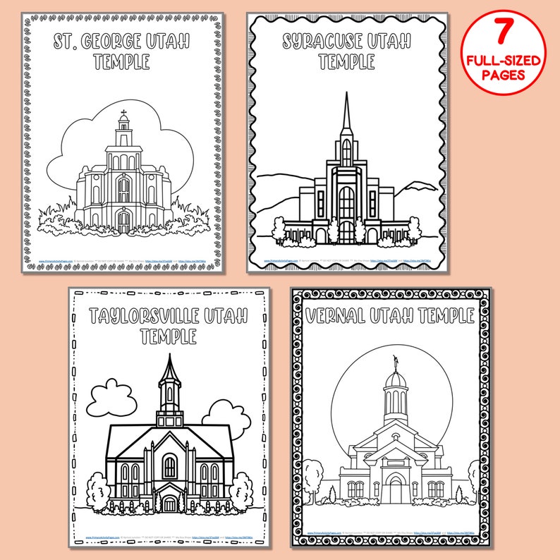 Set #4 LDS Utah Temples, WITH Borders, 7 Coloring Pages, Full-page Hand ...
