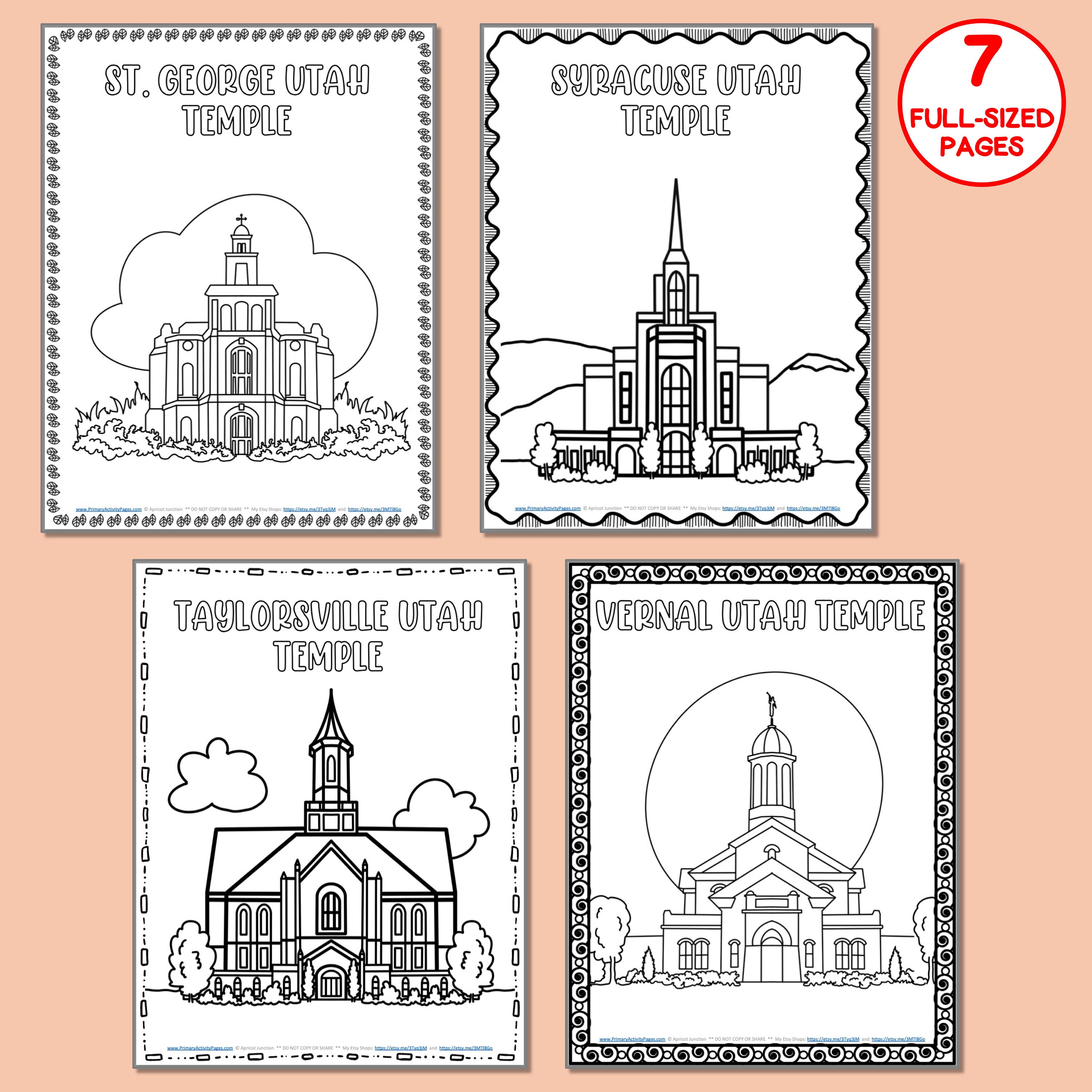 Set #4 LDS Utah Temples, WITH Borders, 7 Coloring Pages, Full-page Hand ...