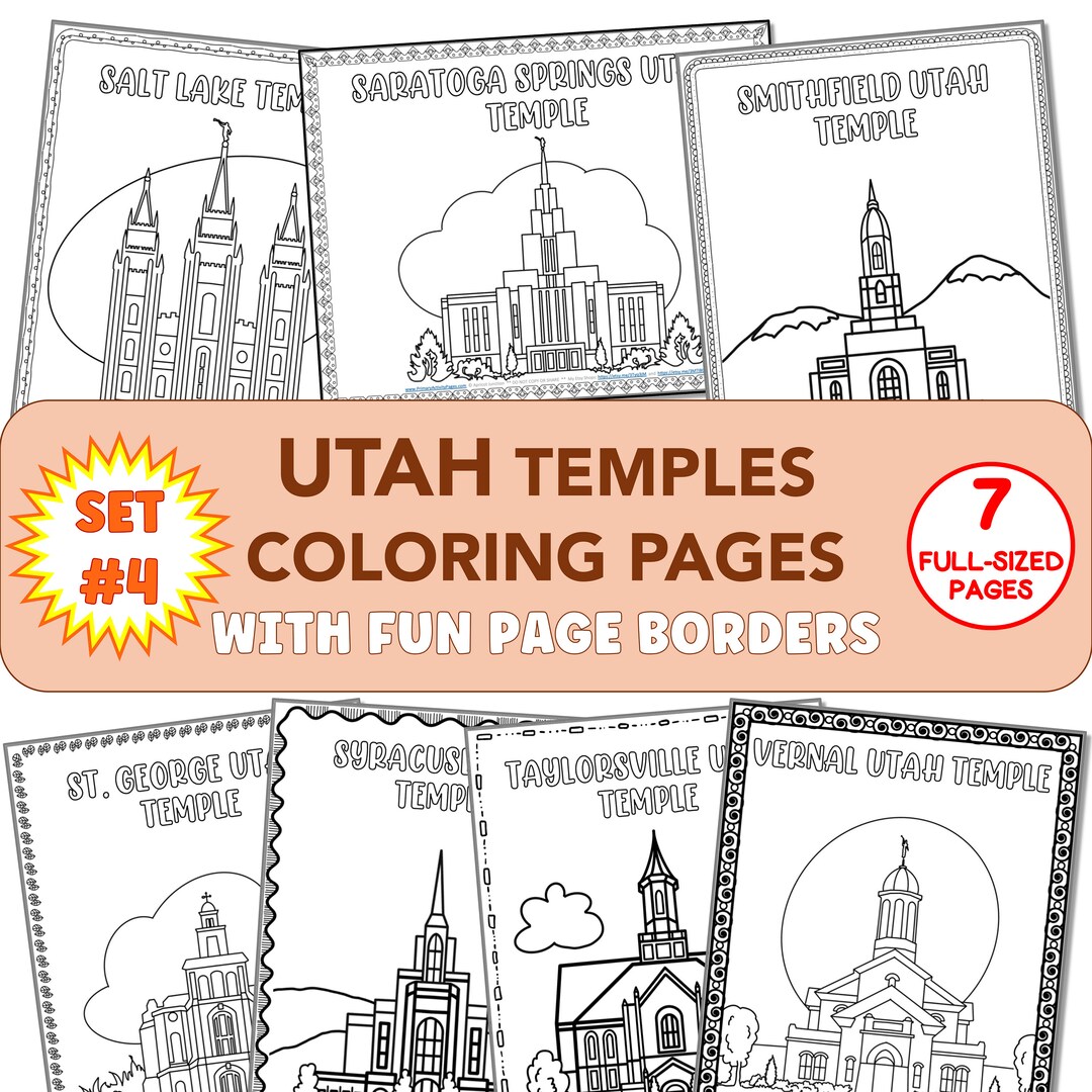 Set #4 LDS Utah Temples, WITH Borders, 7 Coloring Pages, Full-page Hand ...