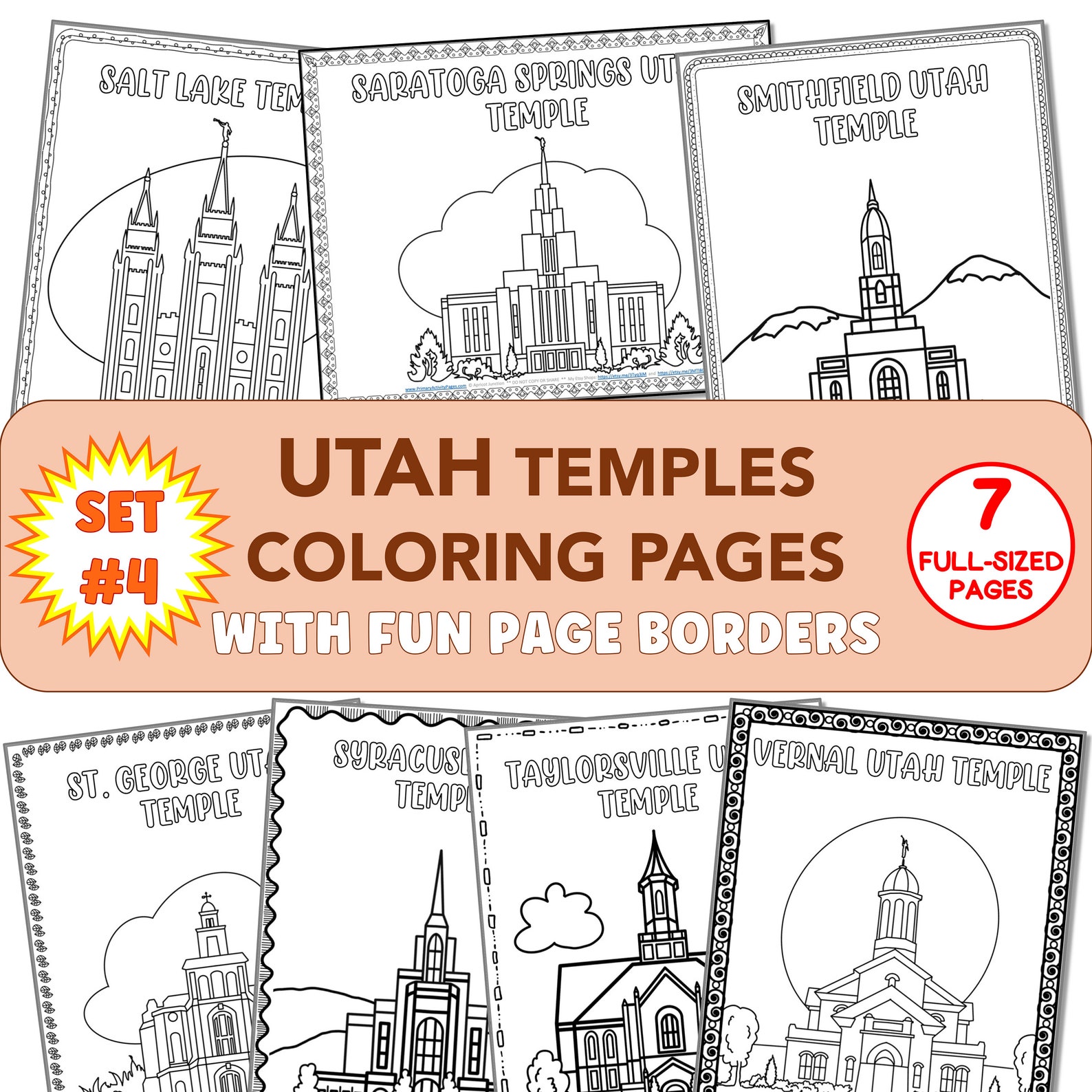 Set #4 LDS Utah Temples, WITH Borders, 7 Coloring Pages, Full-page Hand ...