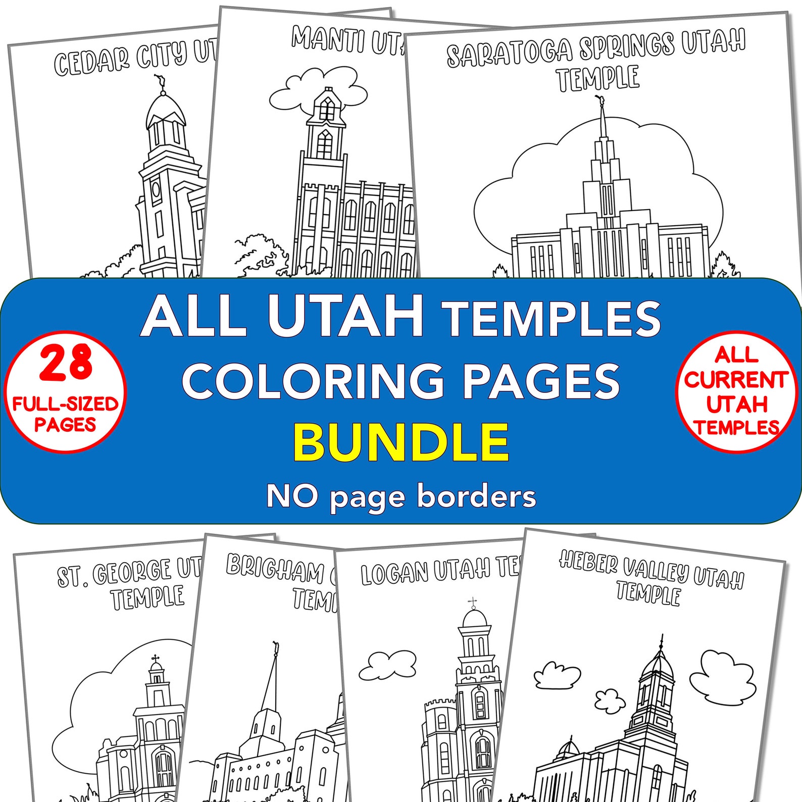 LDS All Utah Temples BUNDLE, No Borders, Coloring Pages, Full-page Hand ...