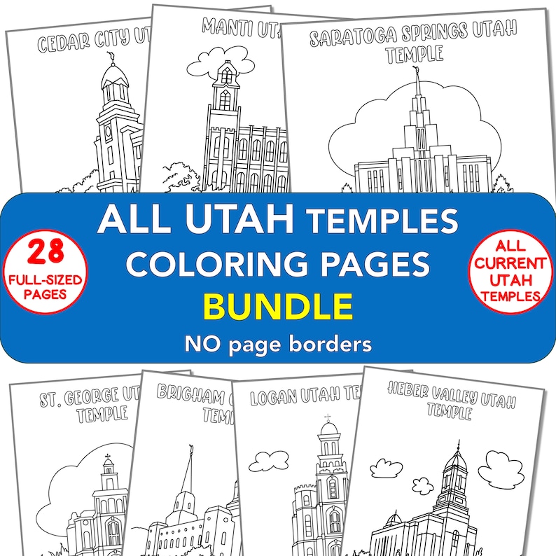 LDS All Utah Temples BUNDLE, No Borders, Coloring Pages, Full-page Hand ...