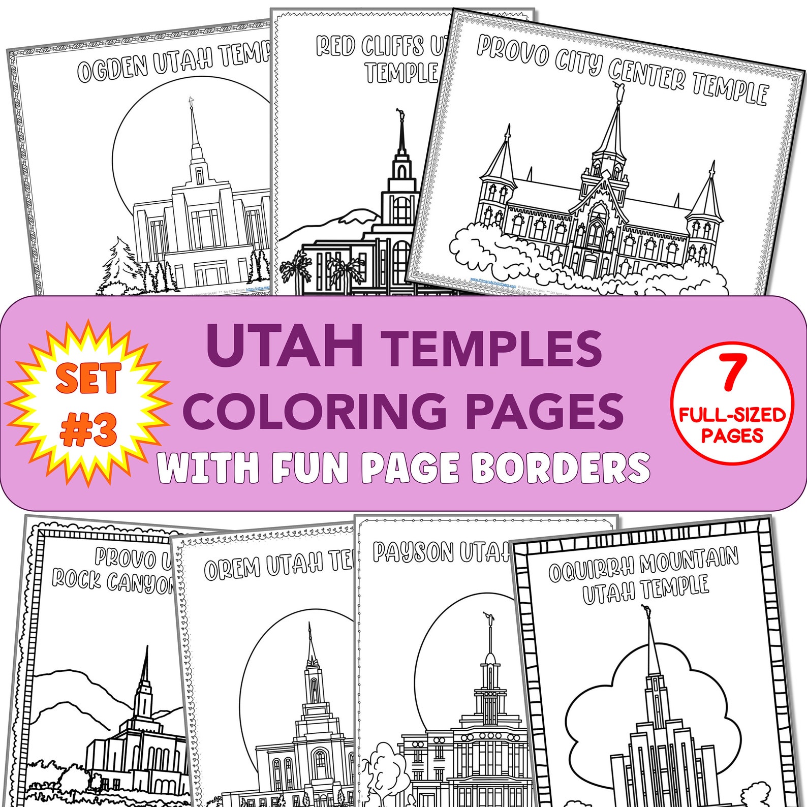 Set #3 LDS Utah Temples, WITH Borders, 7 Coloring Pages, Full-page Hand ...