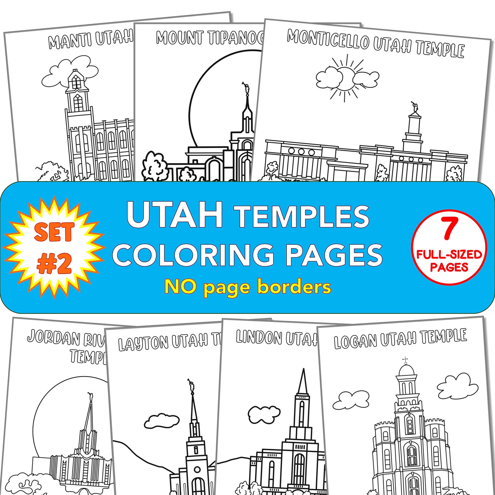 LDS SET #2 Utah Temples, 7 Coloring Pages, No Borders, Full-page Hand ...