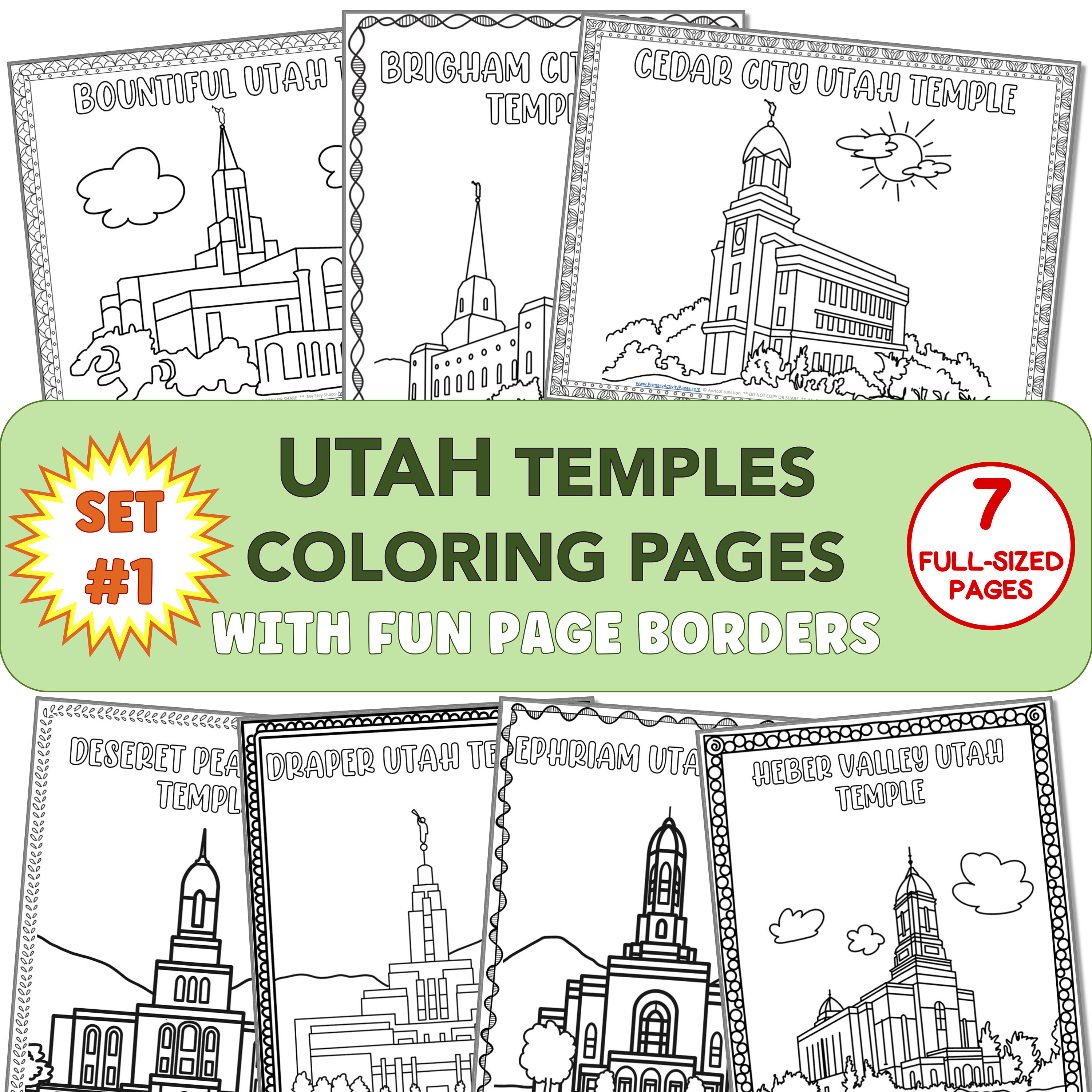 Set #1 LDS Utah Temples, WITH Borders, 7 Coloring Pages, Full-page Hand ...