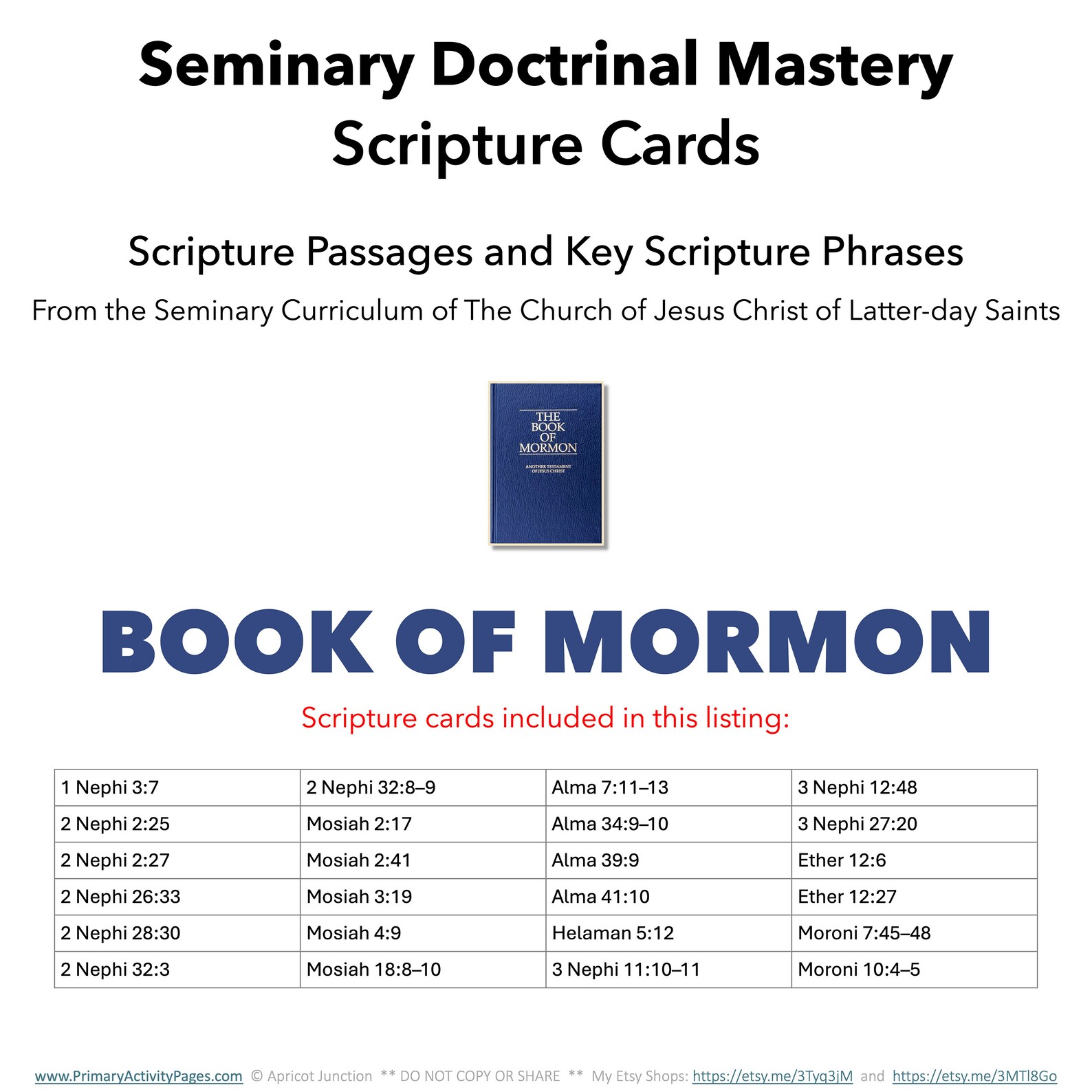 LDS Book of Mormon, Seminary Doctrinal Mastery Scripture Passages and ...