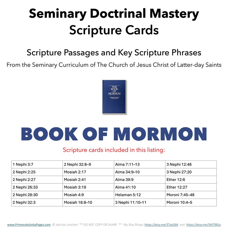 LDS Book of Mormon, Seminary Doctrinal Mastery Scripture Passages and ...