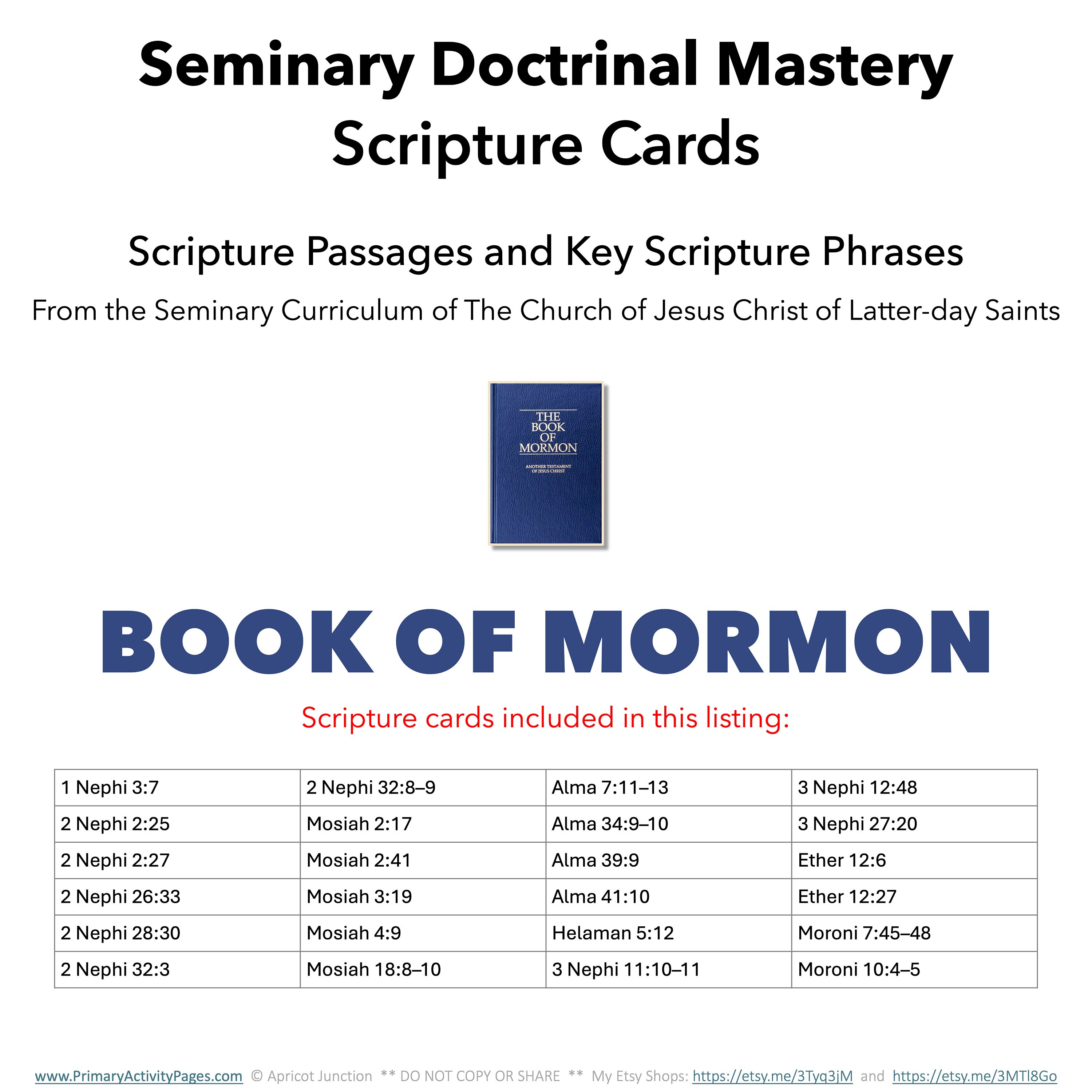 LDS Book of Mormon, Seminary Doctrinal Mastery Scripture Passages and ...