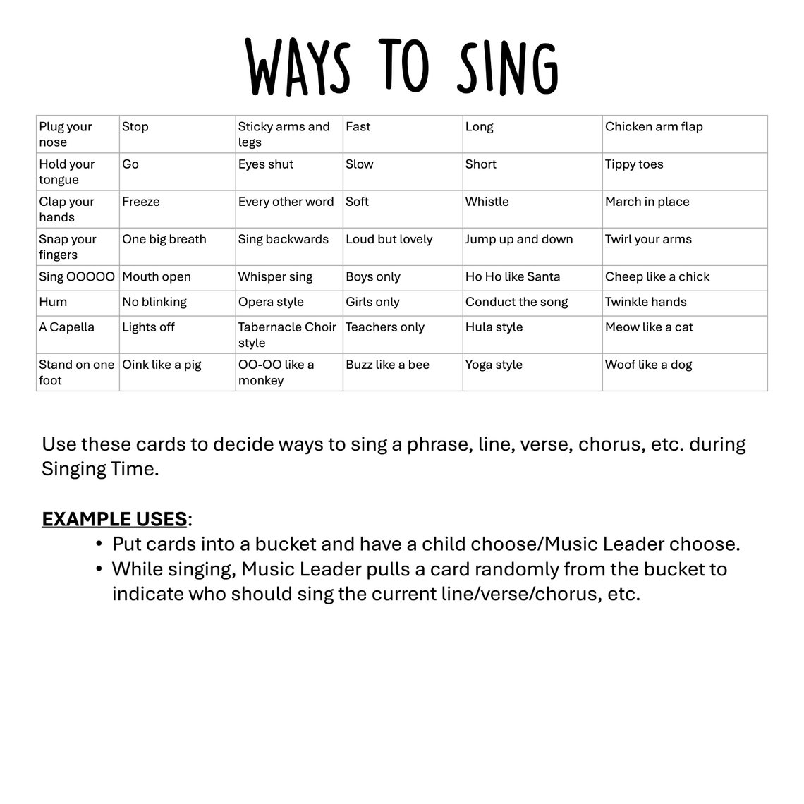 LDS Fun "ways to Sing" Primary Singing Time 4 Cards per Page, Printable ...