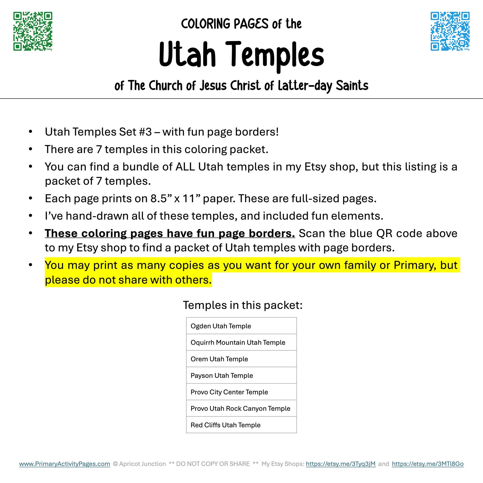 Set #3 LDS Utah Temples, WITH Borders, 7 Coloring Pages, Full-page Hand ...