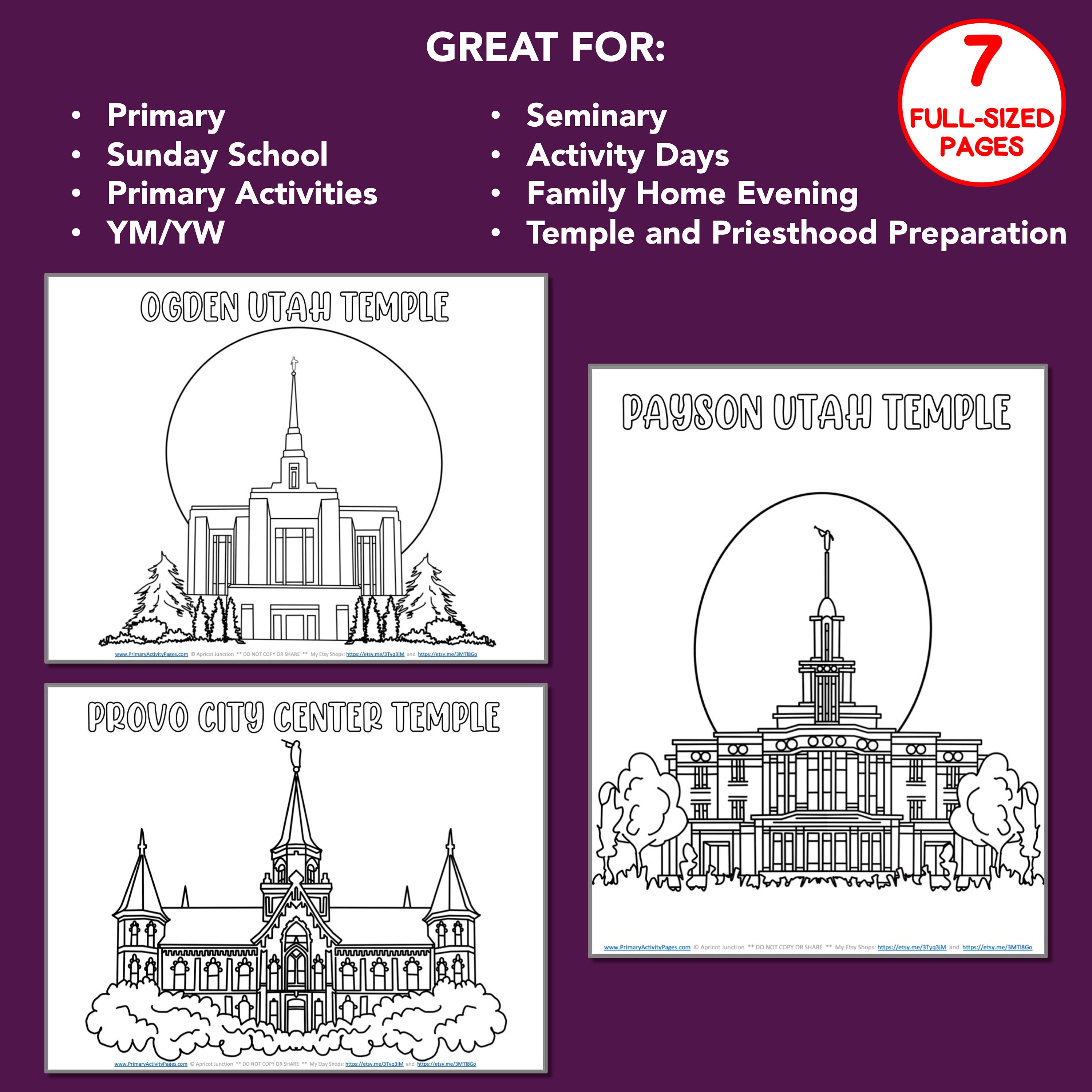 LDS SET 3 Utah Temples, 7 Coloring Pages, No Borders, Full-page Hand ...