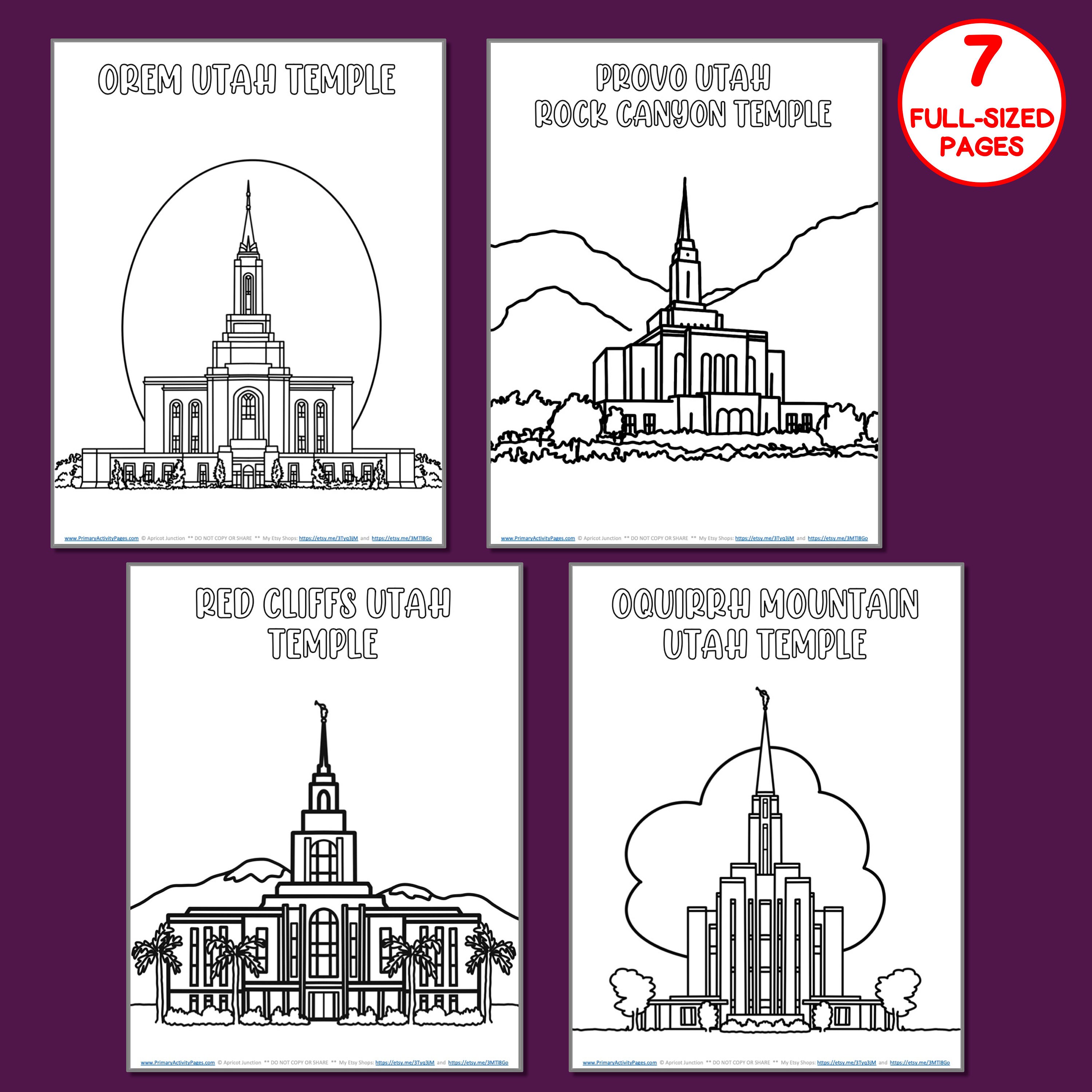 LDS SET #3 Utah Temples, 7 Coloring Pages, No Borders, Full-page Hand ...