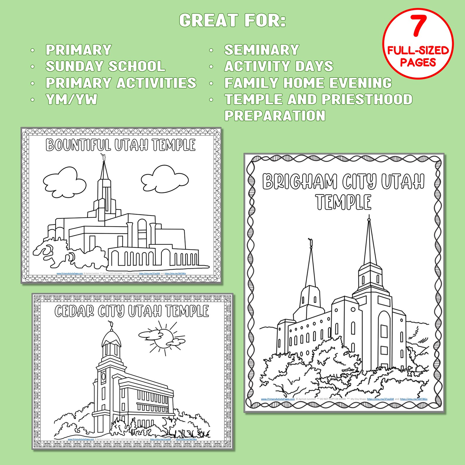 Set #1 LDS Utah Temples, WITH Borders, 7 Coloring Pages, Full-page Hand ...