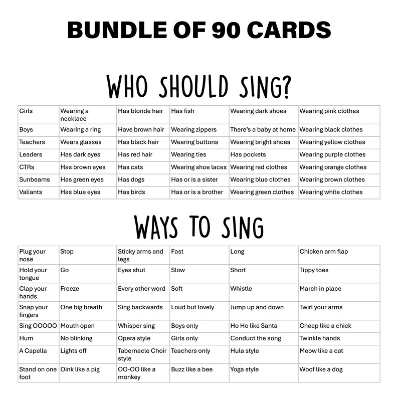 LDS Singing Time BUNDLE; 4 Cards/page, "who Should Sing?" & "ways to ...