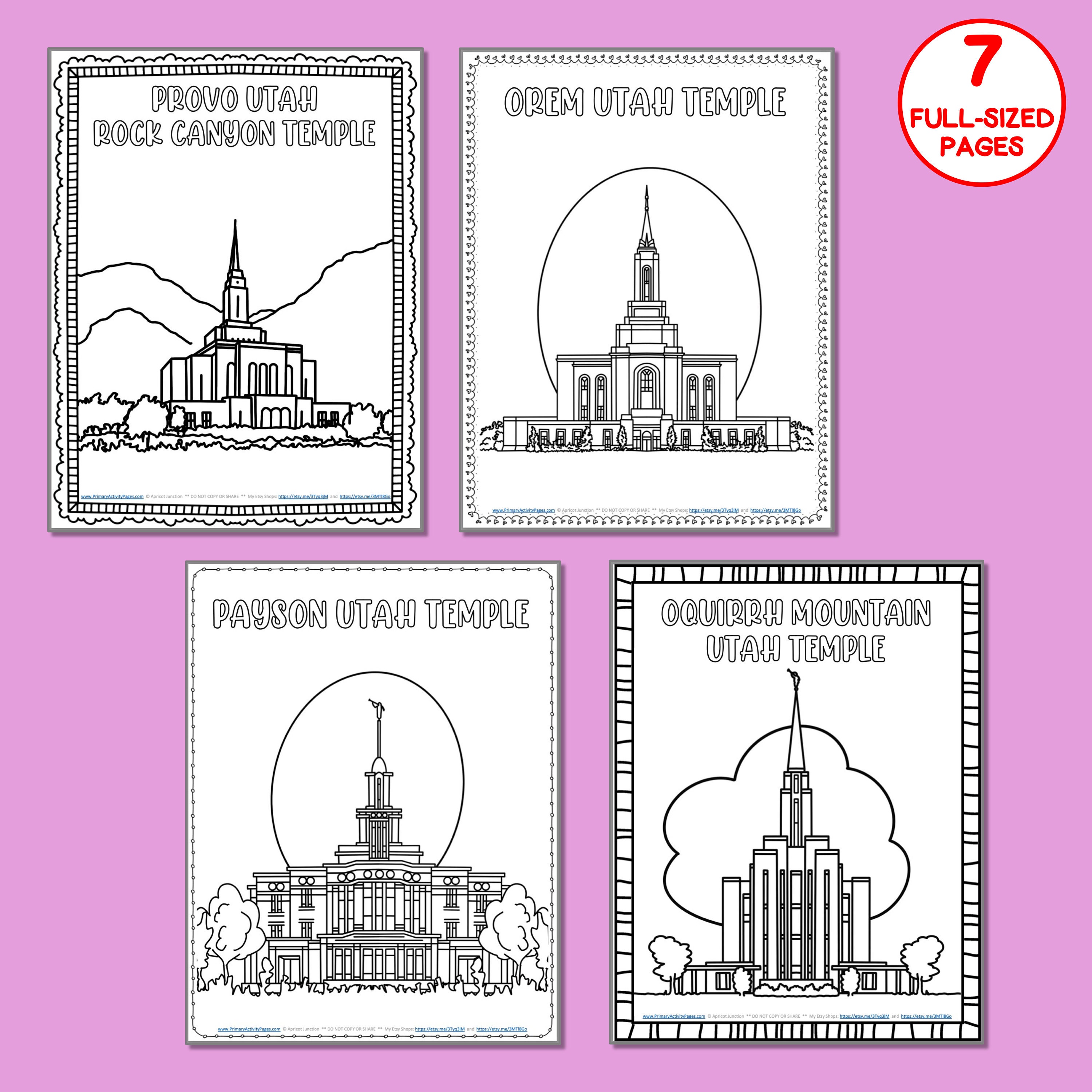 Set #3 LDS Utah Temples, WITH Borders, 7 Coloring Pages, Full-page Hand ...