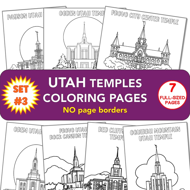 LDS SET #3 Utah Temples, 7 Coloring Pages, No Borders, Full-page Hand ...