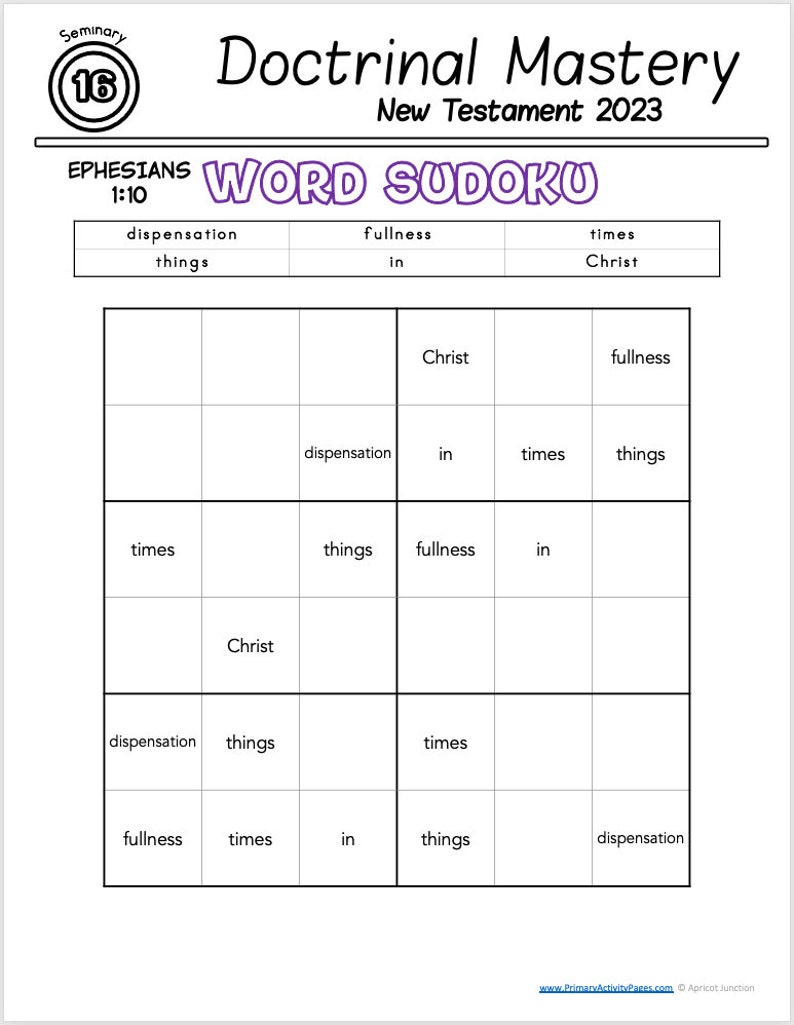 6X6 WORD SUDOKU 2023 Doctrinal Mastery New Testament Puzzles Printable ...