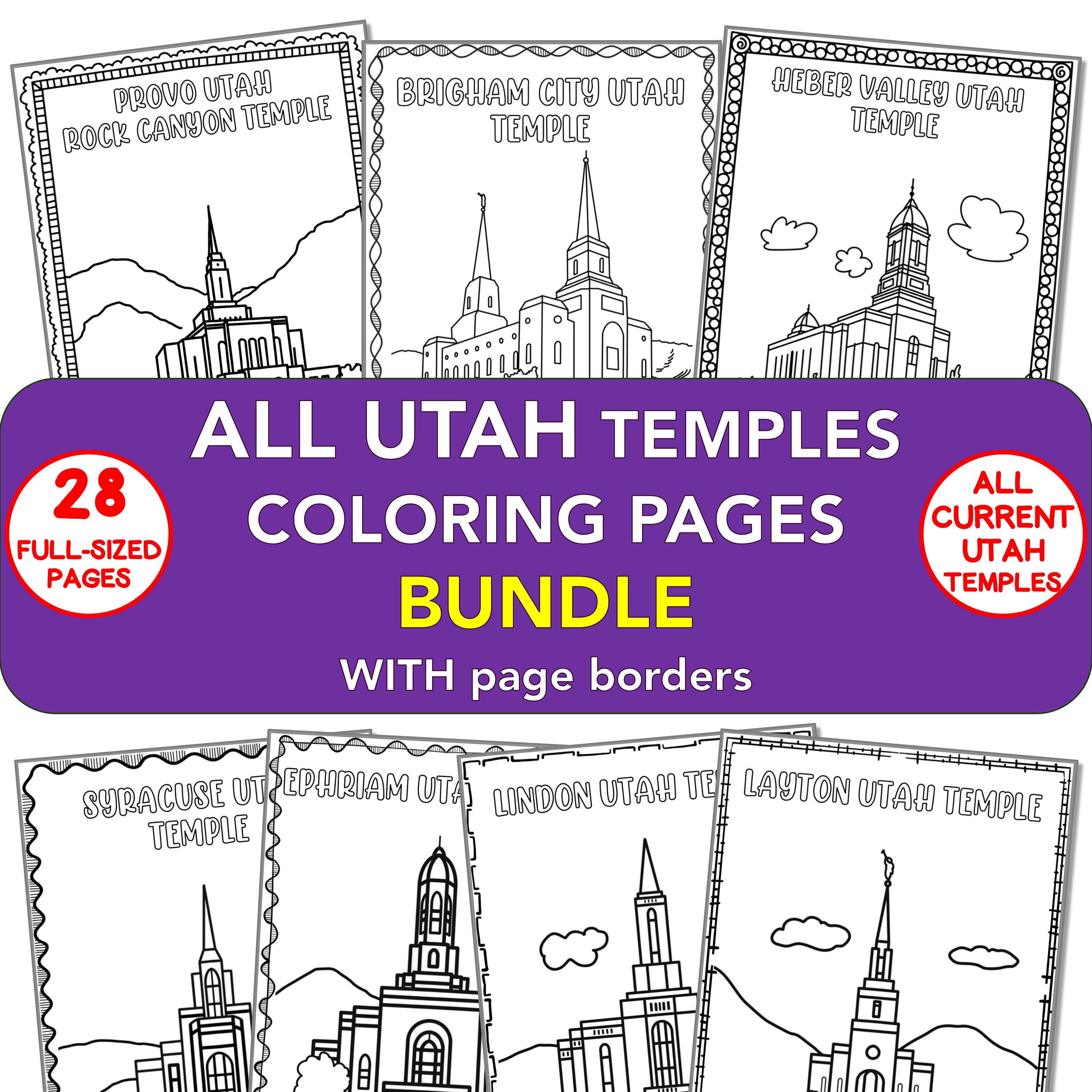 LDS Utah Temples BUNDLE, With Borders, Coloring Pages, Full-page Hand ...