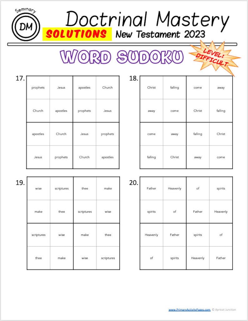 4X4 WORD SUDOKU Hard 2023 Doctrinal Mastery New Testament Puzzles ...