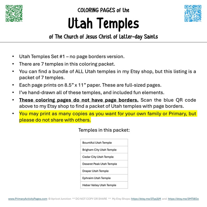 LDS SET #1 Utah Temples, 7 Coloring Pages, No Borders, Full-page Hand ...