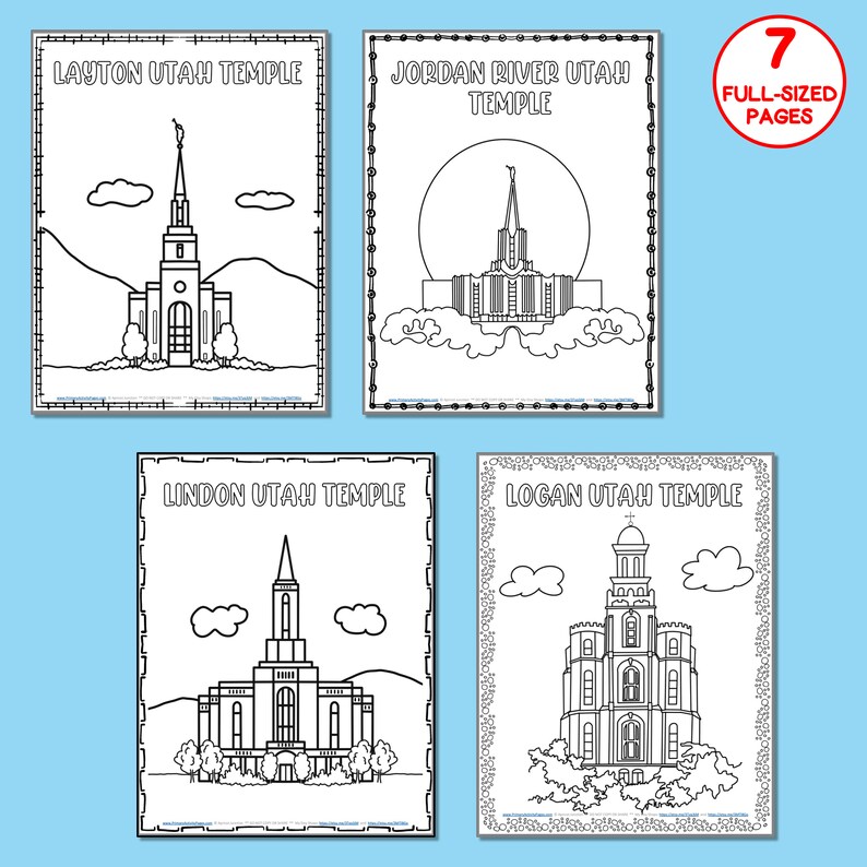 Set #2 LDS Utah Temples, WITH Borders, 7 Coloring Pages, Full-page Hand ...
